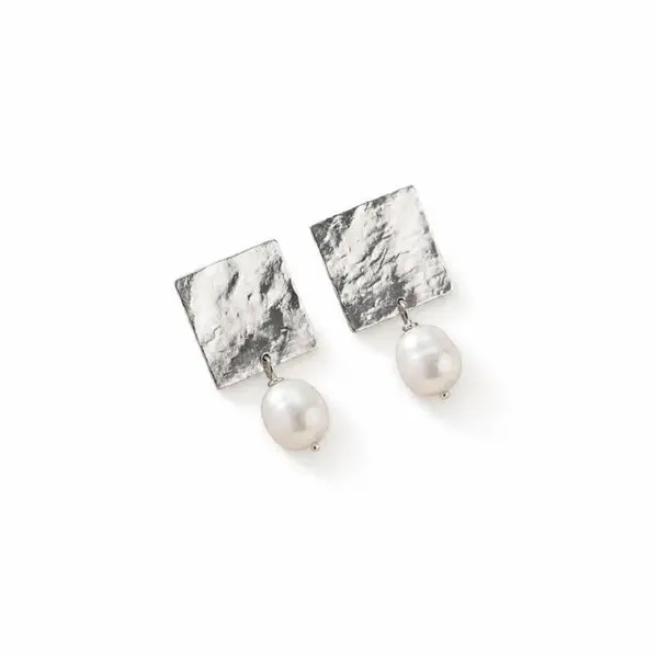 SILVER MOON Square Pearl Drop Sterling Silver Earrings - Silver/white