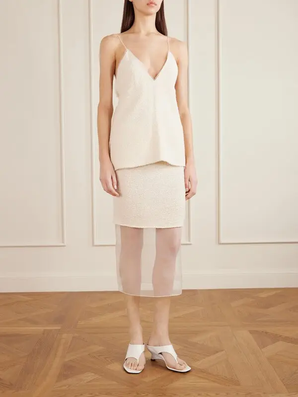 Khaite Sybil Layered Cotton-blend Bouclé And Organza Midi Skirt - Neutrals