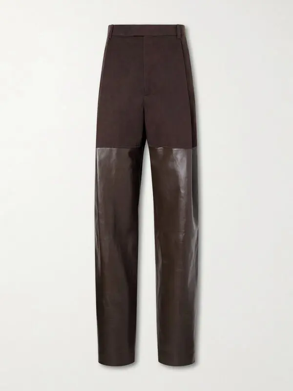 Bottega Veneta Leather-trimmed Cotton Straight-leg Pants - Brown