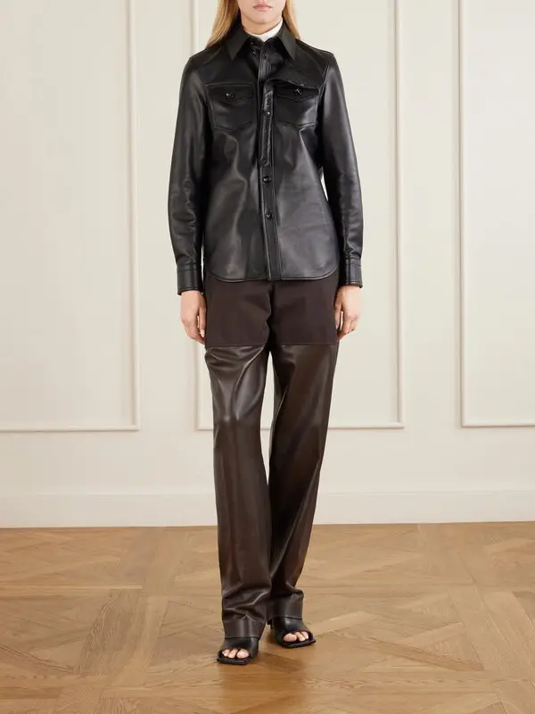 Bottega Veneta Leather-trimmed Cotton Straight-leg Pants - Brown