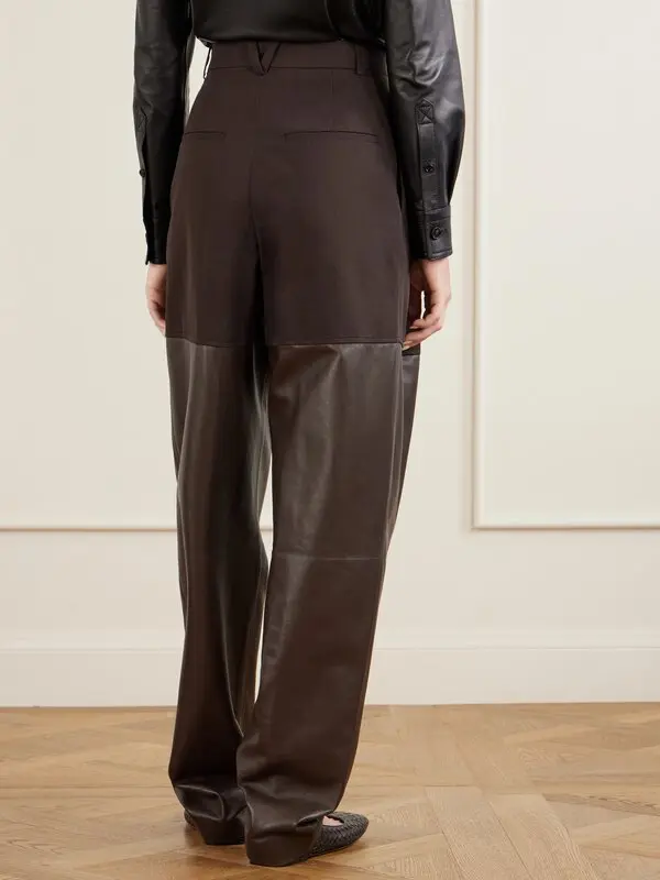 Bottega Veneta Leather-trimmed Cotton Straight-leg Pants - Brown