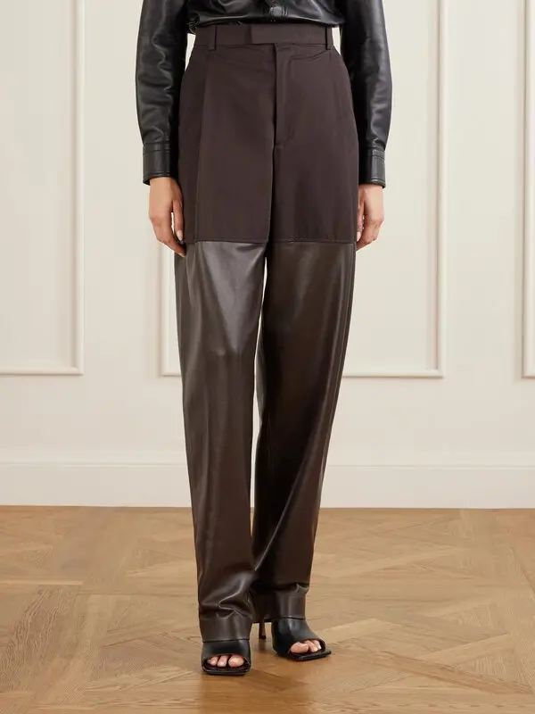 Bottega Veneta Leather-trimmed Cotton Straight-leg Pants - Brown