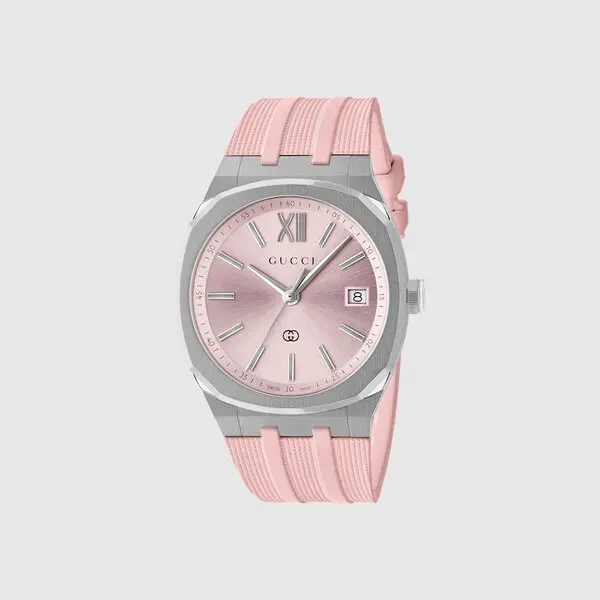 Gucci 25h Watch, 36mm Stainless With Pink Dial And Rubber Strap - Steel