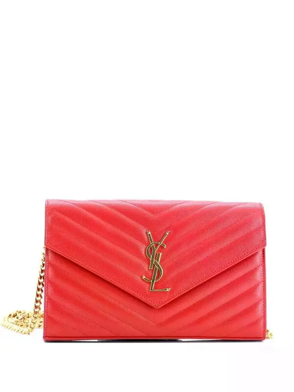 Saint Laurent Matelassé Chevron Leather Monogram Wallet On Chain - Red