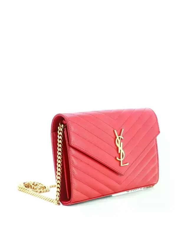Saint Laurent Matelassé Chevron Leather Monogram Wallet On Chain - Red