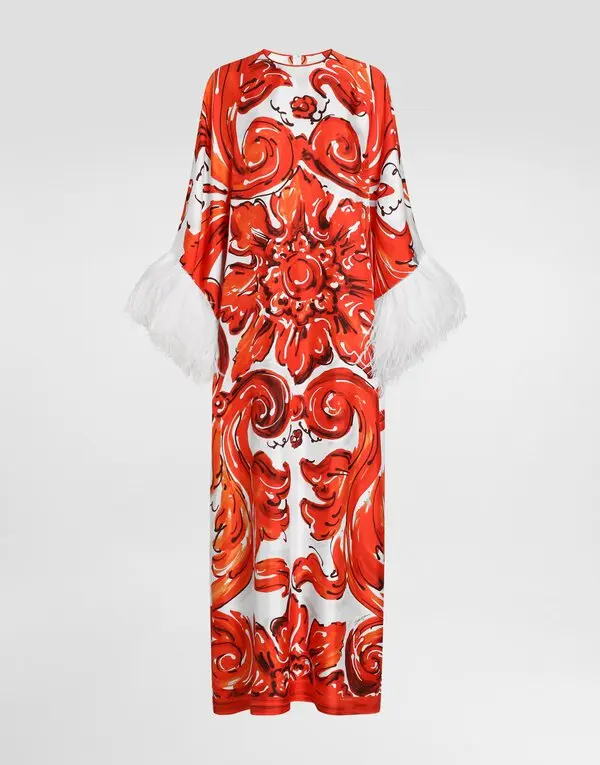Dolce & Gabbana Majolica-print Kaftan Dress With Feather Embellishments - Multicolor