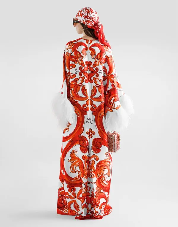 Dolce & Gabbana Majolica-print Kaftan Dress With Feather Embellishments