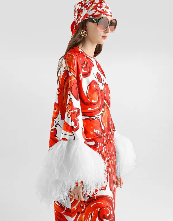 Dolce & Gabbana Majolica-print Kaftan Dress With Feather Embellishments