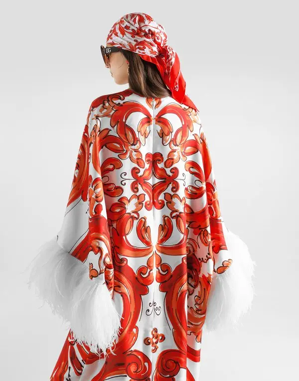Dolce & Gabbana Majolica-print Kaftan Dress With Feather Embellishments