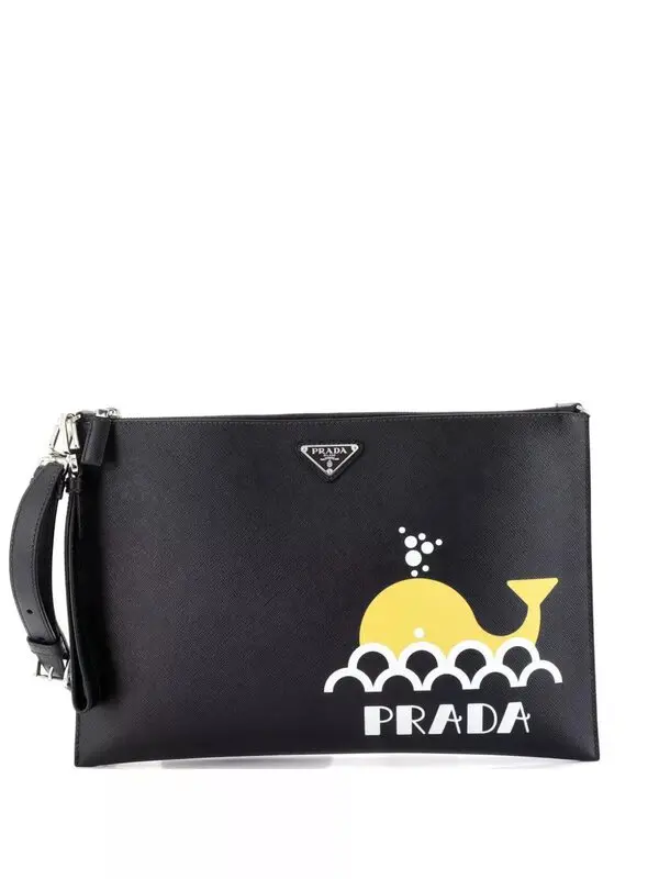 Prada Saffiano Leather Convertible Zip Clutch Crossbody Bag - Black