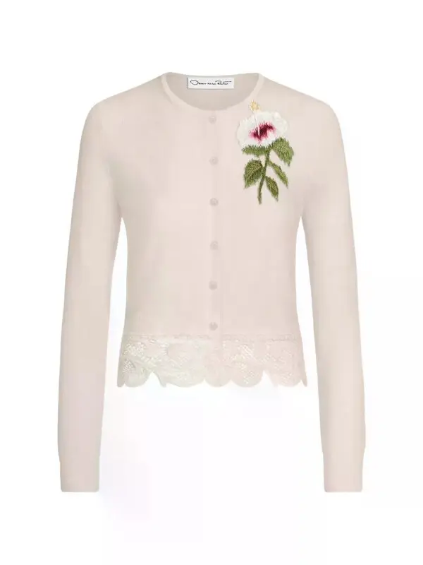 Oscar De La Renta Chiné Hibiscus Threadwork Cropped Cardigan - Neutrals