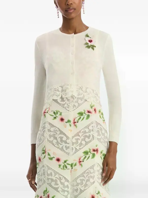 Oscar De La Renta Chiné Hibiscus Threadwork Cropped Cardigan