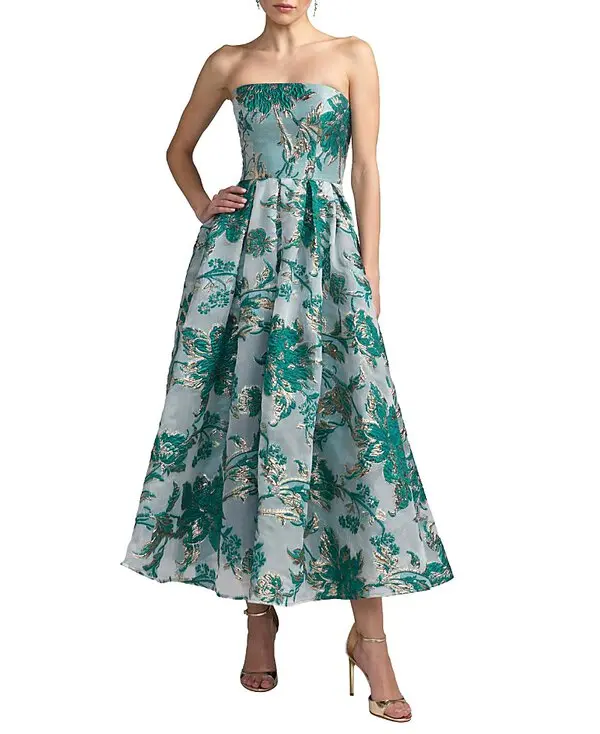 Mac Duggal Strapless Brocade Midi Dress With Pockets - Teal