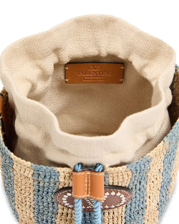 Valentino Garavani Small Striped Raffia Bucket Bag - Natural/blue