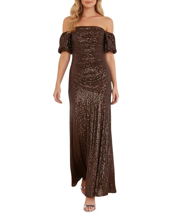NEEDLE & THREAD Sunbeam Valentina Off-shoulder Gown - Chocolate