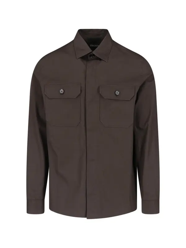Aspesi Cotton Button-up Shirt With Crew Neck And Patch Pockets - Brown