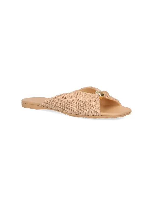 Loewe Raffia Sandals With Gold Tone Pebble Detail - Beige