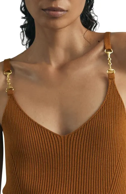 REISS Cara Ribbed Silk Blend V-neck Sweater Tank With Horsebit Hardware - Rust