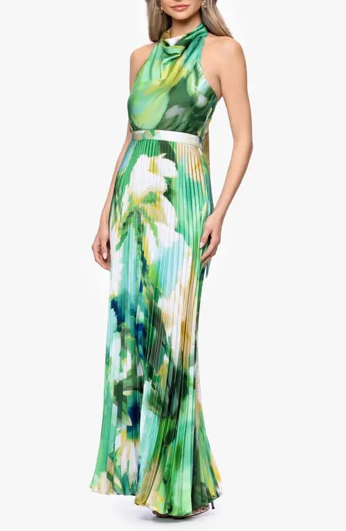 Betsy & Adam Floral Print Pleated Halter Maxi Dress - Green/Multi |  Editorialist