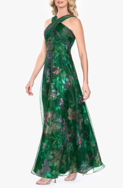 Betsy & Adam Floral Print Organza Sleeveless Gown