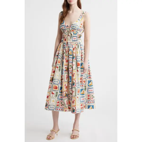 Moon River Postcard Print Cotton Midi Dress