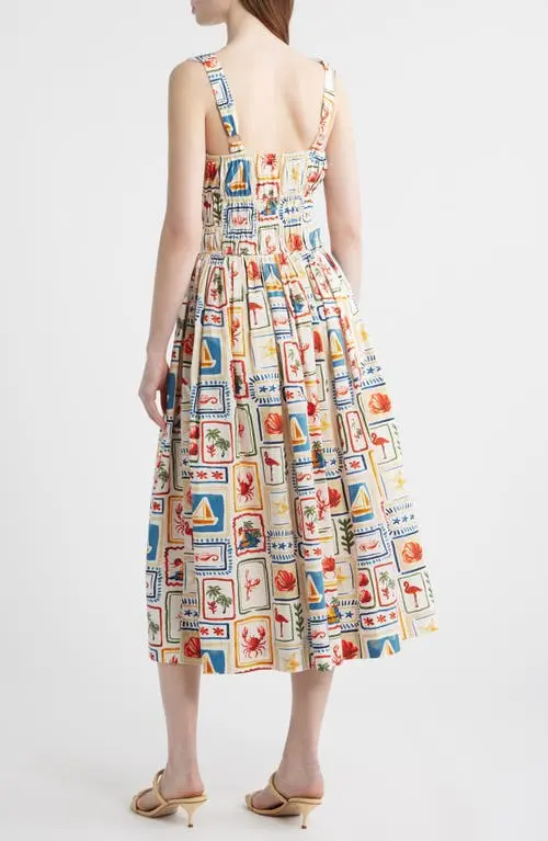 Moon River Postcard Print Cotton Midi Dress