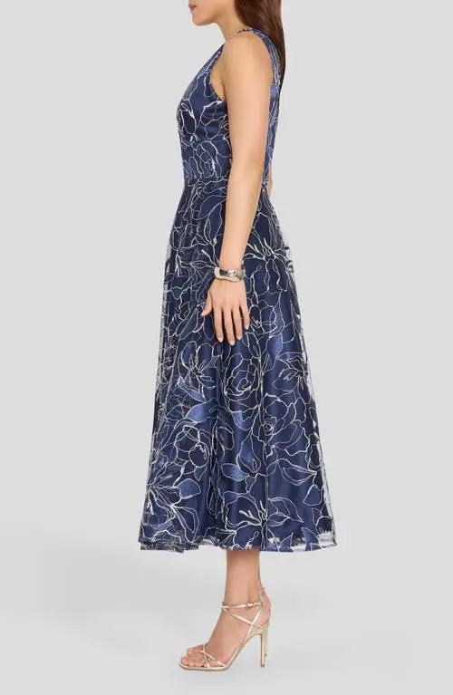 TAHARI ASL Metallic Embroidered V-neck Midi Dress