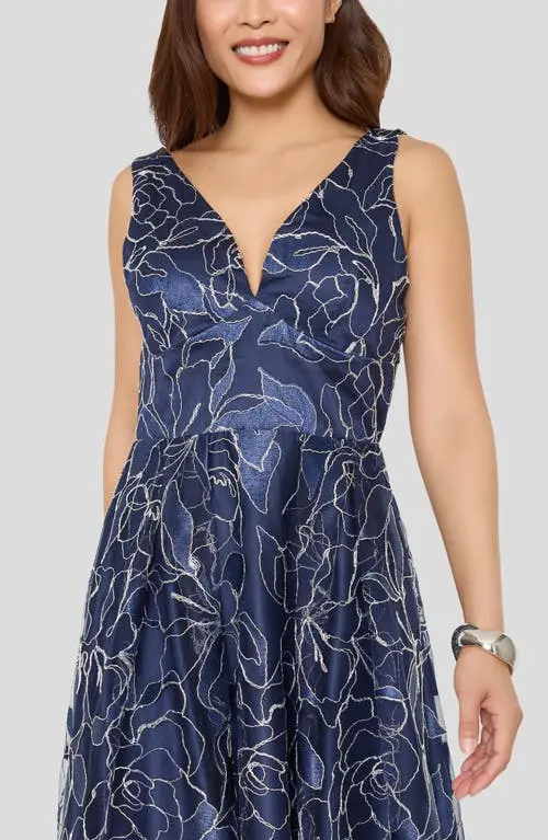 TAHARI ASL Metallic Embroidered V-neck Midi Dress