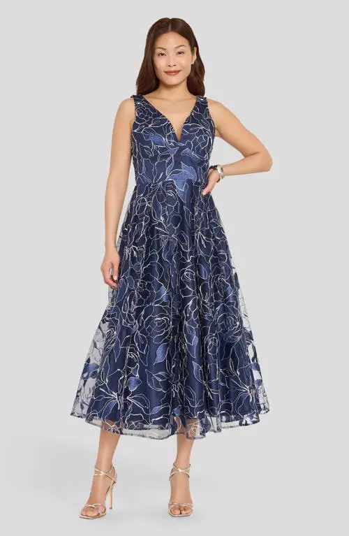 TAHARI ASL Metallic Embroidered V-neck Midi Dress