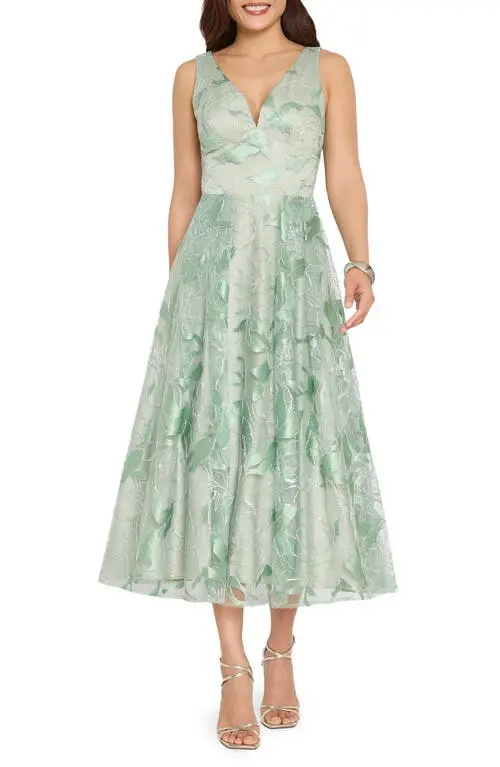 TAHARI ASL Metallic Embroidered V-neck Midi Dress - Willow/ Silver