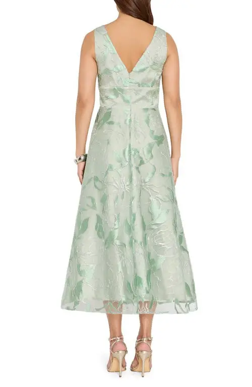 TAHARI ASL Metallic Embroidered V-neck Midi Dress