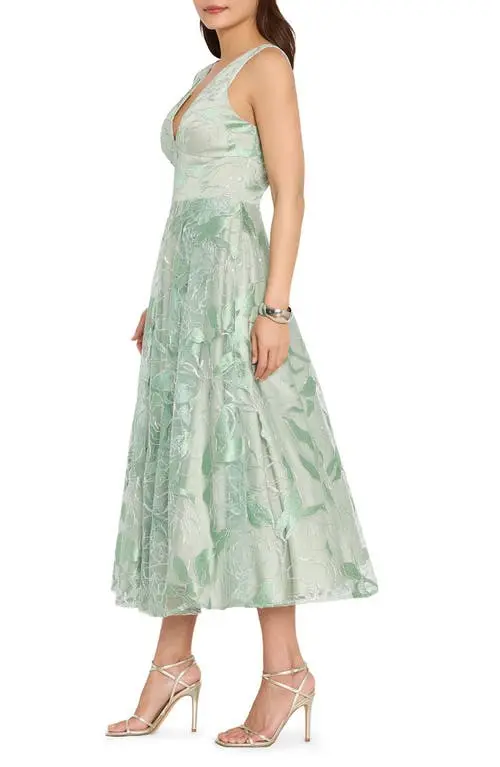TAHARI ASL Metallic Embroidered V-neck Midi Dress