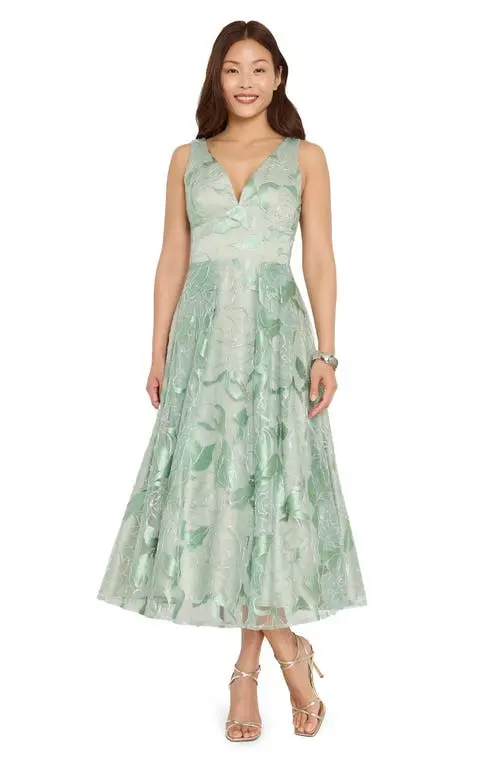 TAHARI ASL Metallic Embroidered V-neck Midi Dress