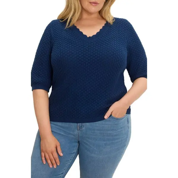 NIC+ZOE Scallop Texture Short Sleeve Sweater - Rich Indigo