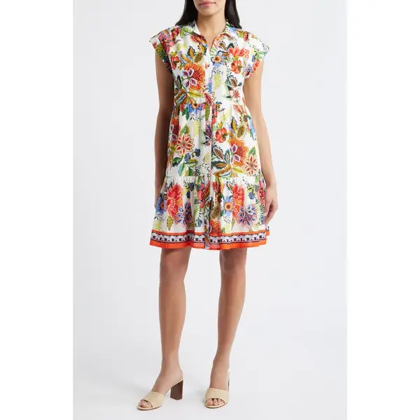 Eliza J Floral Cotton Shirt Dress - Ivory Mult