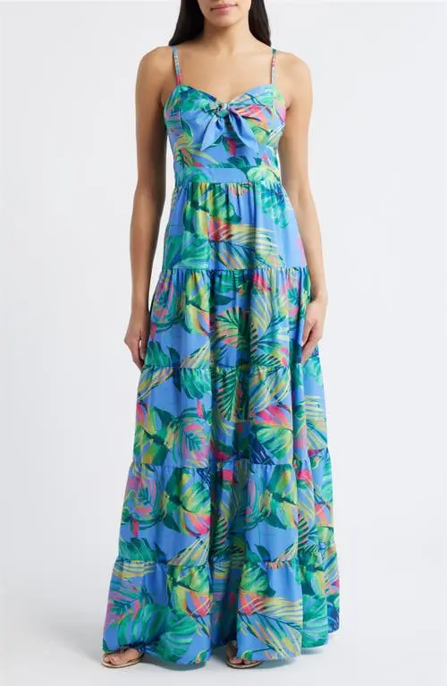 Eliza J Tropical Print Sweetheart Neck Tie Front Tiered Maxi Dress - Blue Multi