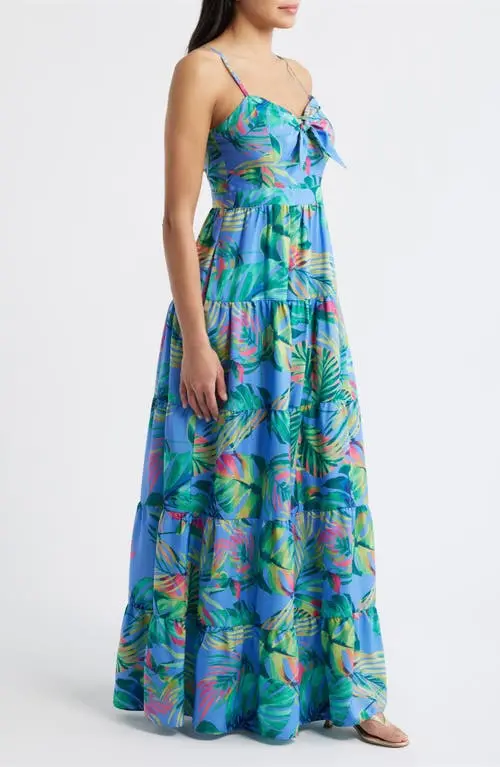 Eliza J Tropical Print Sweetheart Neck Tie Front Tiered Maxi Dress