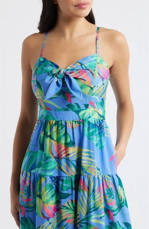 Eliza J Tropical Print Sweetheart Neck Tie Front Tiered Maxi Dress