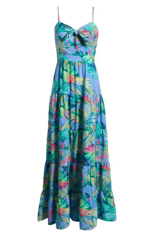 Eliza J Tropical Print Sweetheart Neck Tie Front Tiered Maxi Dress