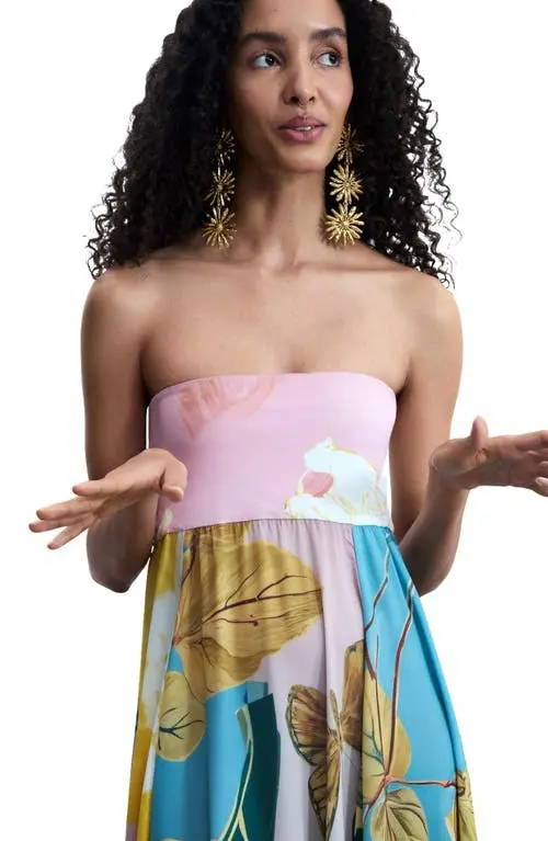 Desigual Strapless Maxi Dress With Patchwork Floral Print