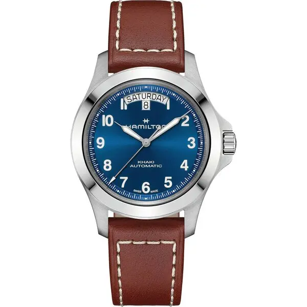 Hamilton Khaki Field Automatic Stainless Steel Watch With Dial And Leather Strap - Blue