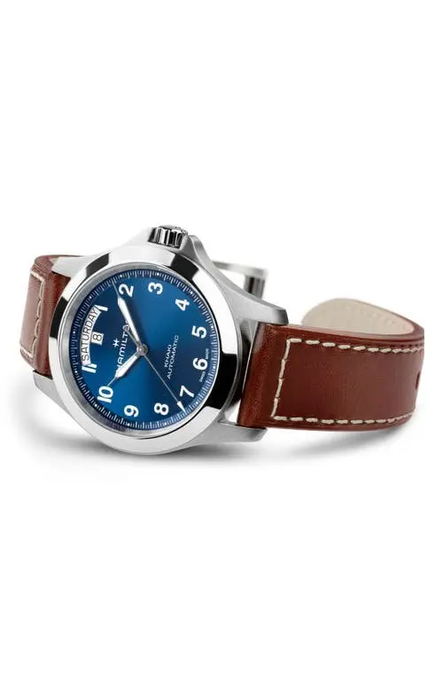 Hamilton Khaki Field Automatic Stainless Steel And Leather Strap Watch - Blue