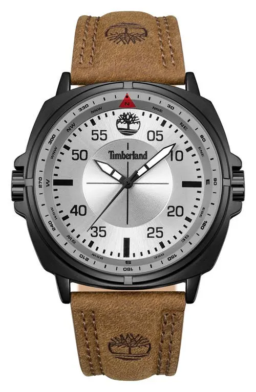 Timberland Williston Leather Strap Watch With Compass Bezel - Brown/silver