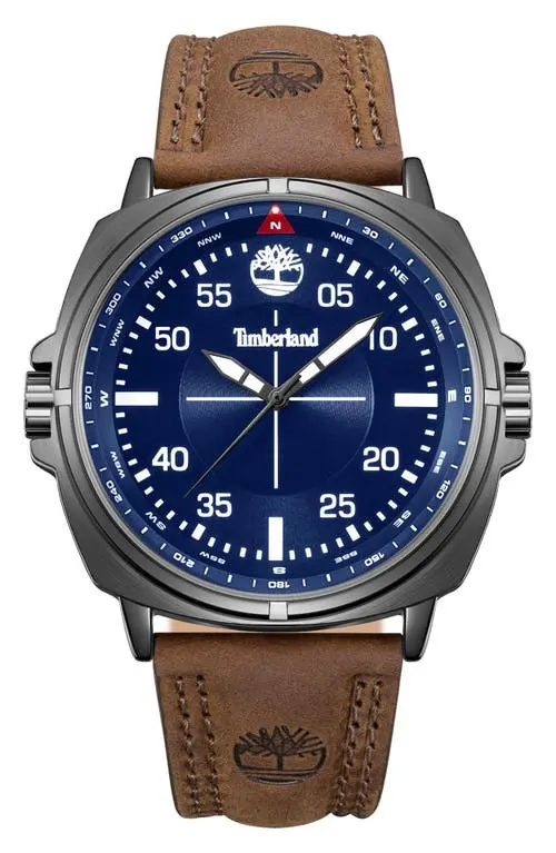 Timberland Williston Leather Strap Watch With Compass Bezel - Dark Brown/blue