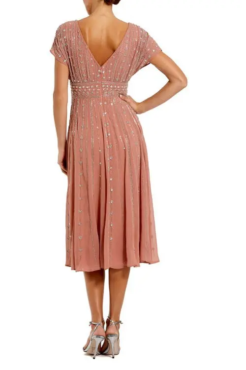 Mac Duggal Embellished Beaded Georgette Blouson A-line Midi Dress