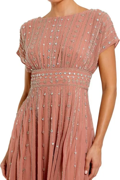 Mac Duggal Embellished Beaded Georgette Blouson A-line Midi Dress