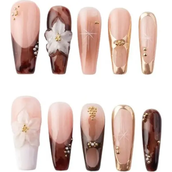 THE ONLY NAILS Brown Blossomcoffinnail Set - Brown/ Nude/ Gold