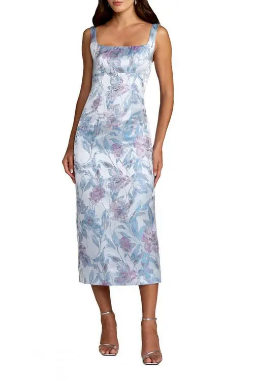 Mac Duggal Sleeveless Square Neck Floral Print Midi Dress - Blue Multi