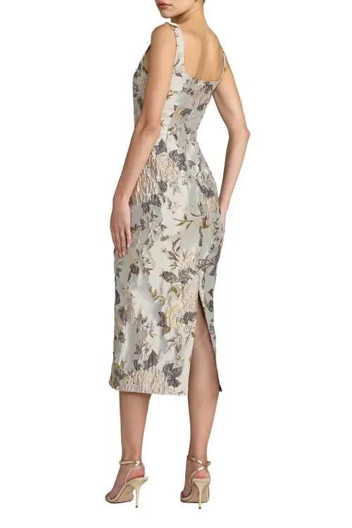 Mac Duggal Brocade Sleeveless Square Neck Midi Dress - Blue Multi