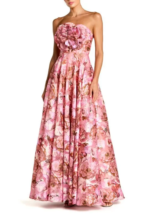 Mac Duggal Strapless Floral Organza Gown With 3d Flower Detail